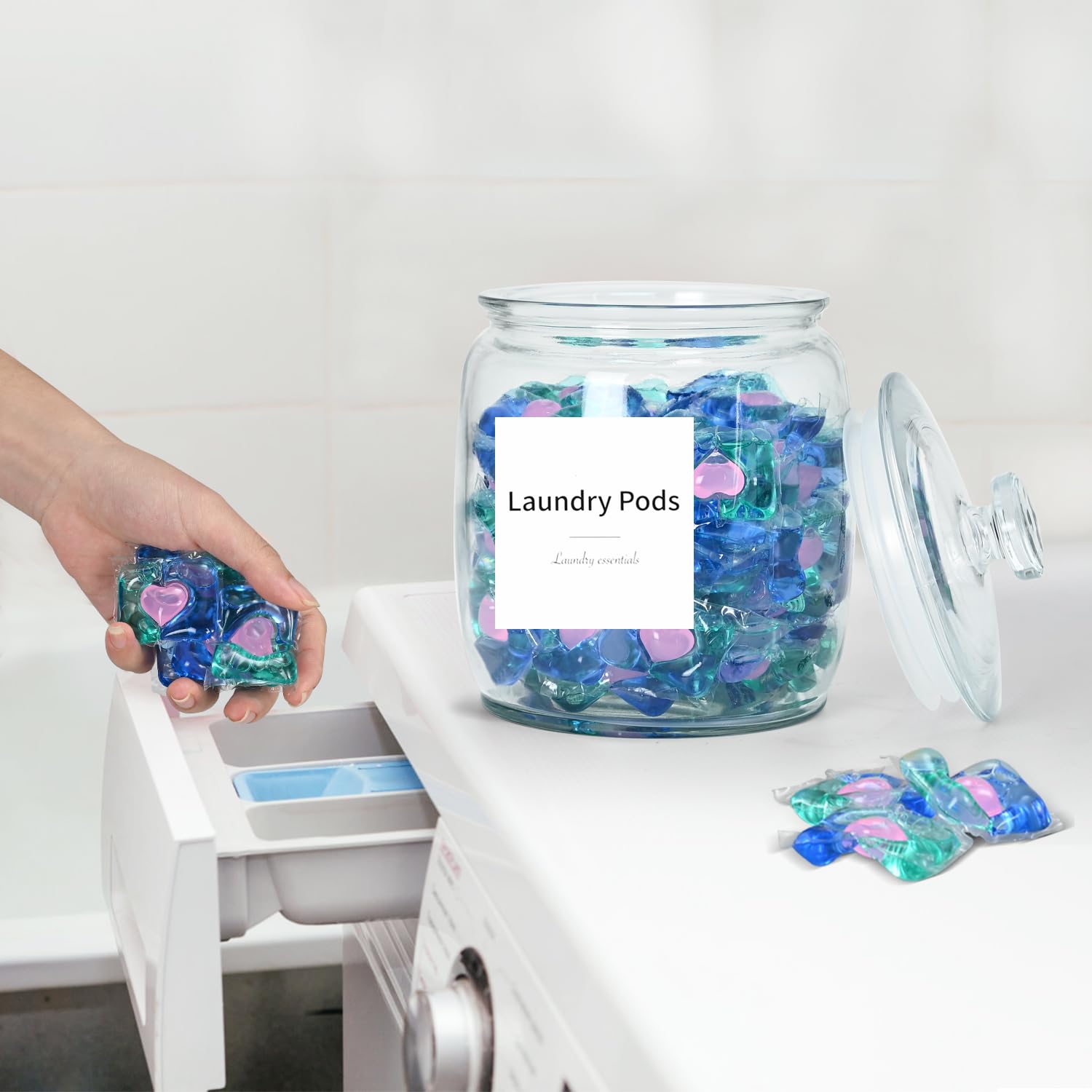 Laundry Pods Container for Laundry Room Organization and Storage, 71 Oz Glass Storage Containers with Lids, Glass Jar with Lid for Cookie, Food, Powder, Dryer Balls