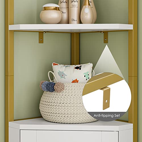 HITHOS 71" Tall Corner Shelf, 6-Tier Corner Bookcase, Gold Bookshelf with Storage Cabinet, Modern Display Shelf, Free Standing Storage Rack Plant Stand for Living Room, Bedroom, Home Office, White