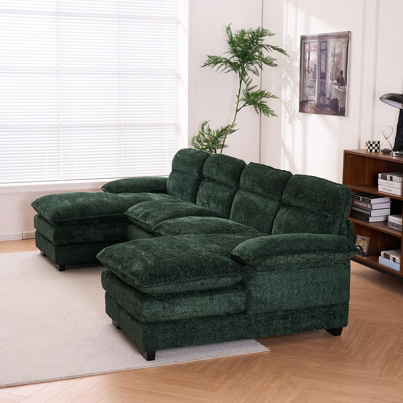 HANLIVES 111.8" U-Shaped Sofas for Living Room Apartment,Modern 4 Seats Sectional Sofa Couch with Double Chaise,Chenille Fabric Cloud Couches-Green