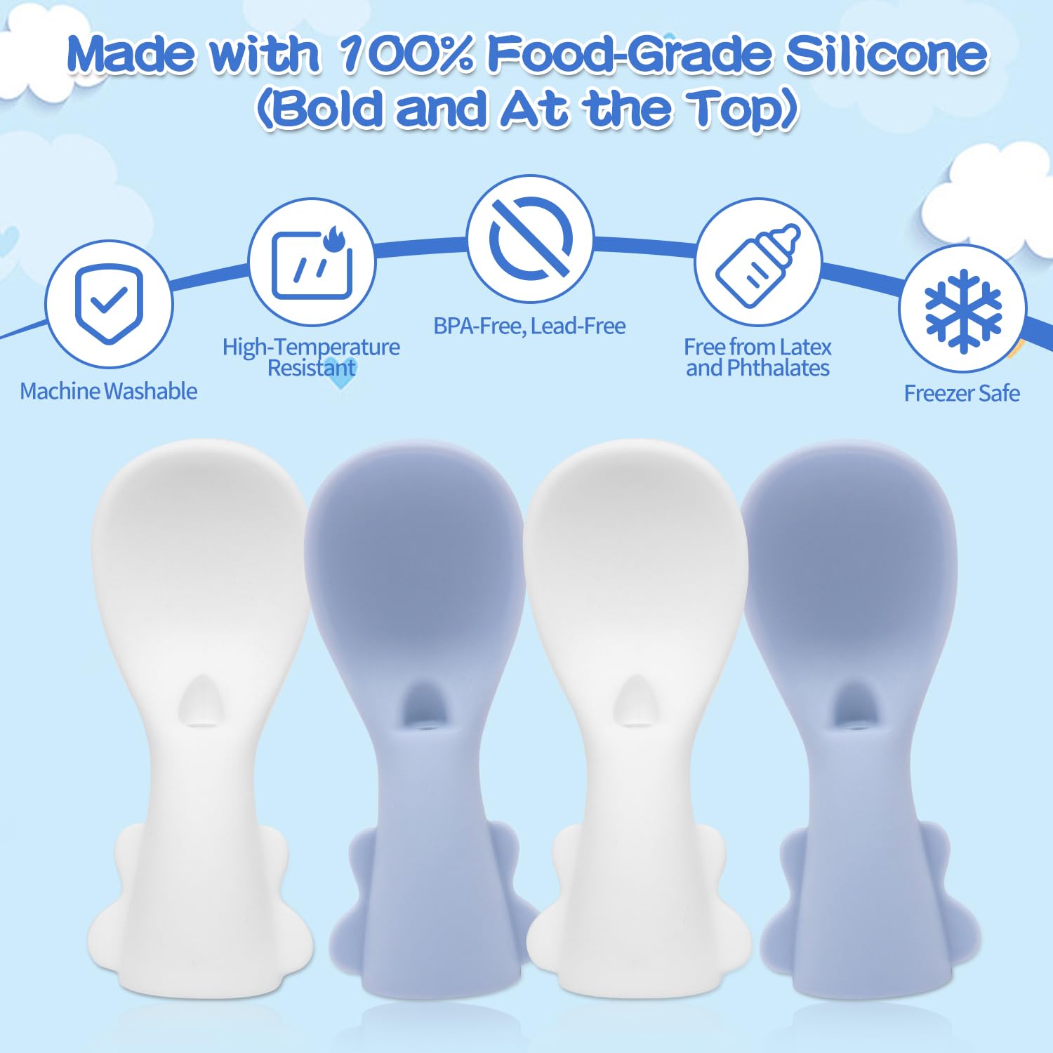 Leak-Proof Silicone Baby Spoon Topper: Easy Attach Spoons for Infant Food Pouches, Includes Baby Spoons, Spoon Silicone, and Squeeze Pouch Attachments, (Blue-White)