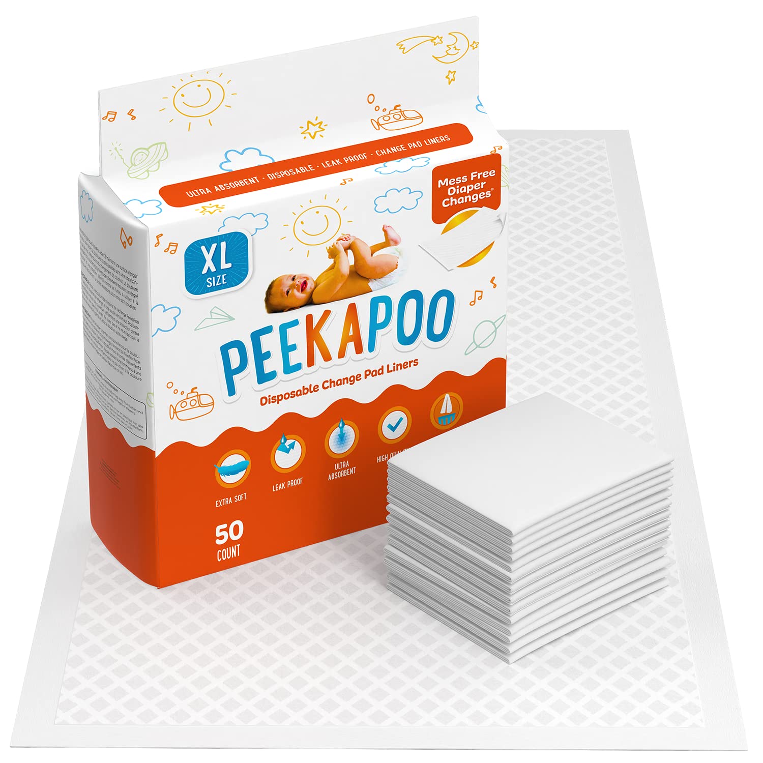 Peekapoo X-Large (30"x18") Disposable Changing Pads for Baby â Portable Changing Pad Liners for Mess Free Travel, Ultra Absorbent, Waterproof and Super Soft, 50 Count