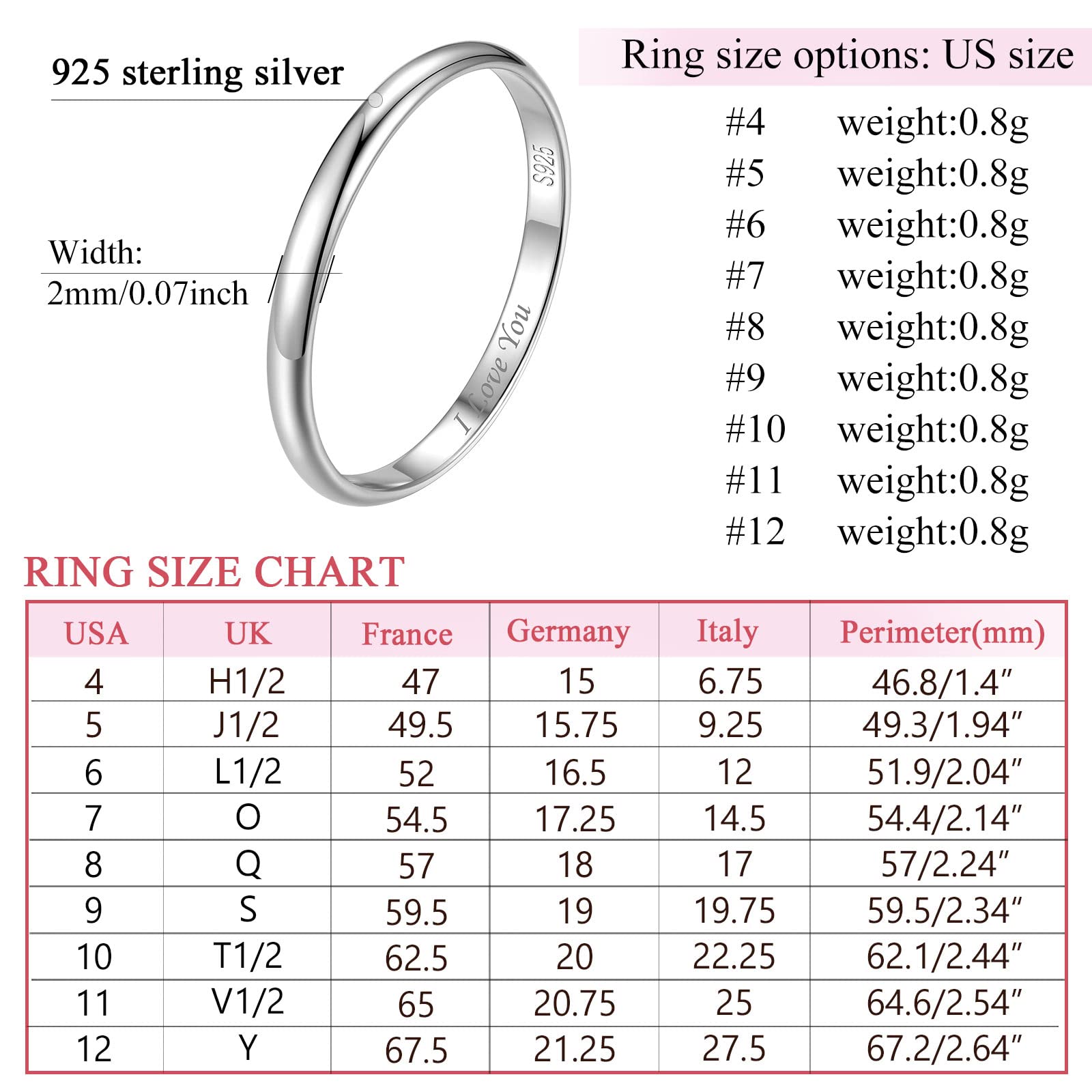 FindChic Simple Band Rings Sterling Silver Ring Jewelry for Women Wedding Ring Size 12
