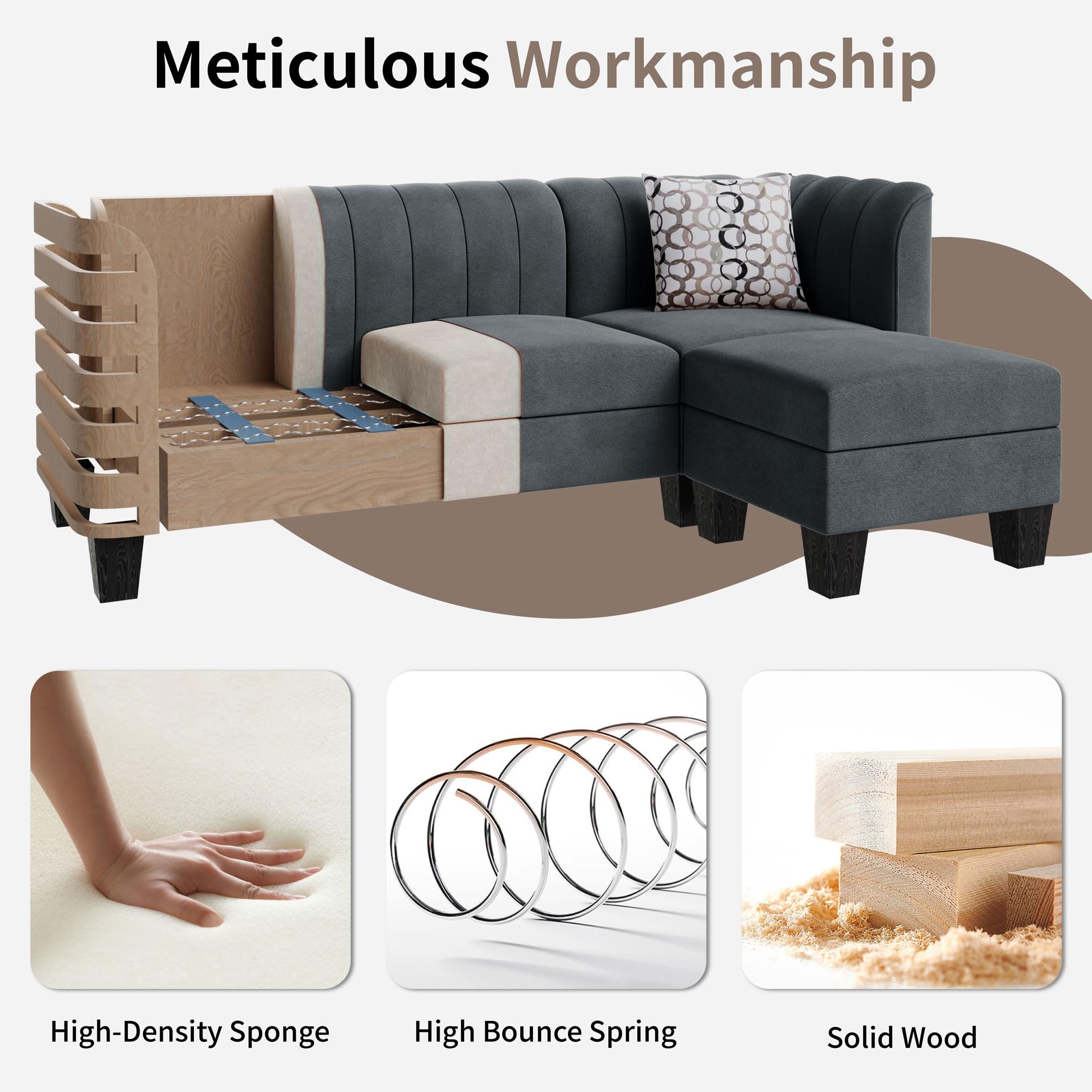 JAMFLY Sectional Sofa Couch for Living Room, Small 3-Seat L Shaped Couch with Linen Fabric, Convertible Sofa with Chaise Clearance Set for Small Space, Dark Grey