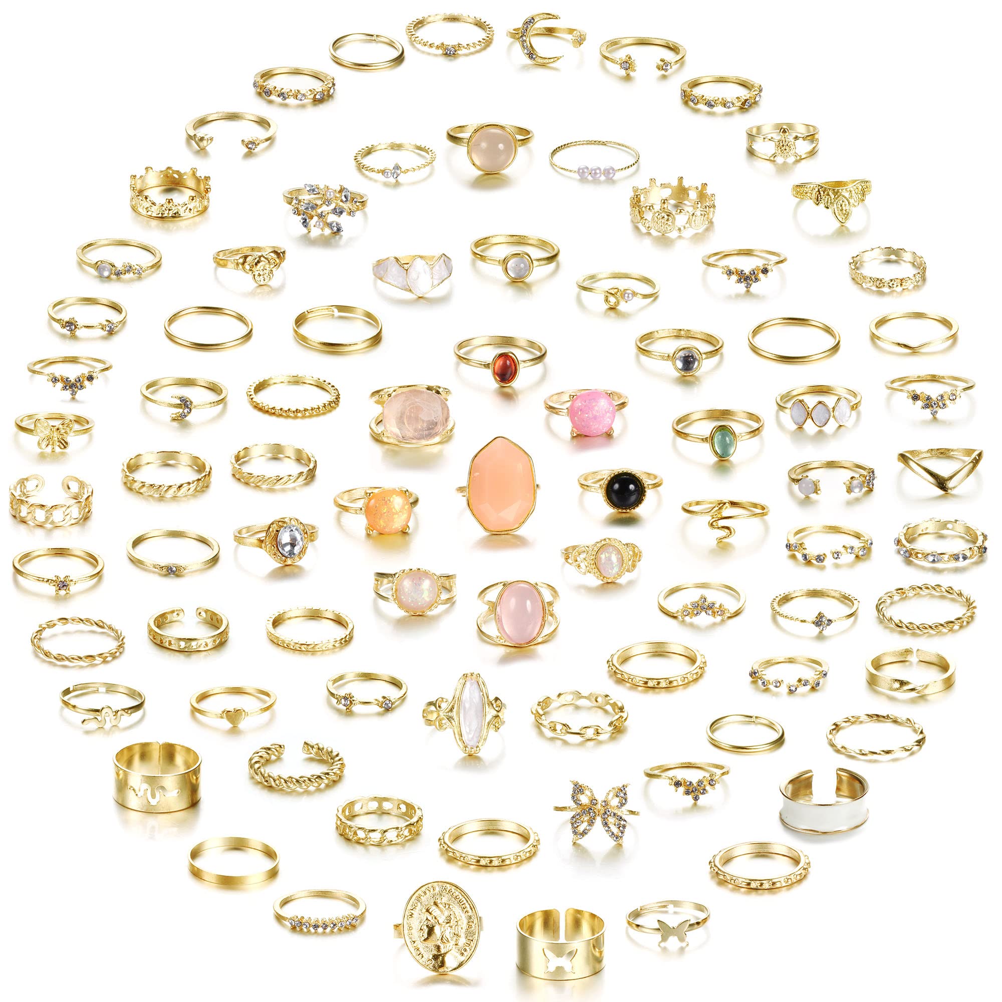 FIBO STEEL 82 Pcs Vintage Gold Knuckle Rings for Women Bohemian Midi Stackable Rings Boho Butterfly Snake Crystal Stacking Rings Pack Gold Tone