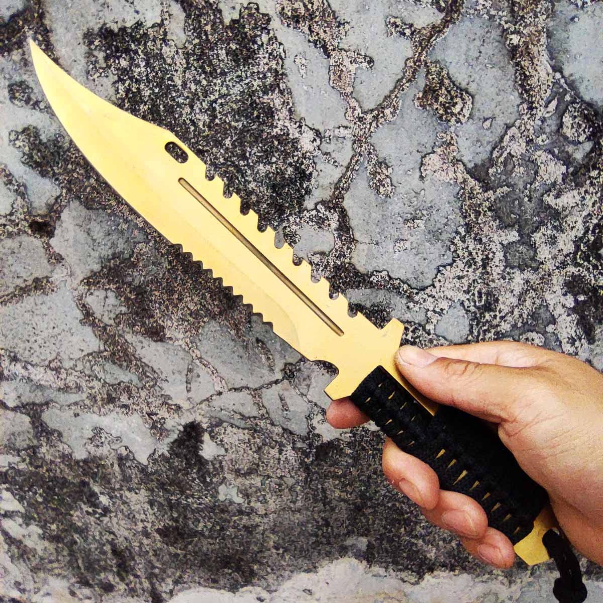 Fixed Blade Hunting Camping Knife Full Tang Handle Straight Blades with Sheath, Gold Titanium