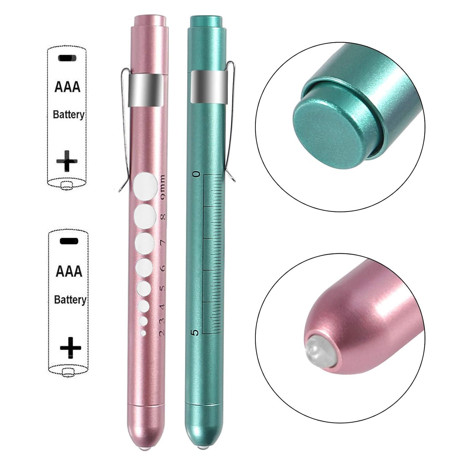 MELIFE Pen Light with Pupil Gauge, White Light Premium Copper Reusable LED Penlights for Doctors Medical Nursing Students etc, Pink and Green
