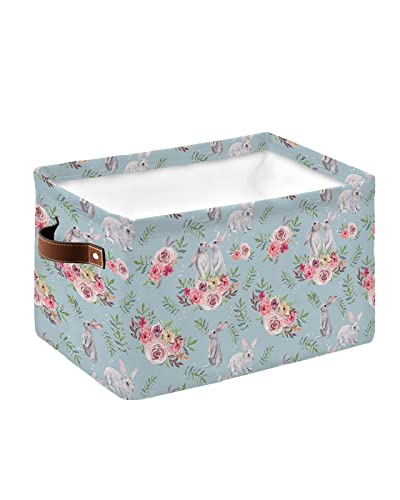 Large Storage Baskets Bins Easter Bunny Collapsible Storage Box Laundry Organizer for Closet Shelf Nursery Kids Bedroom Watercolor Spring Floral Rabbit Blue