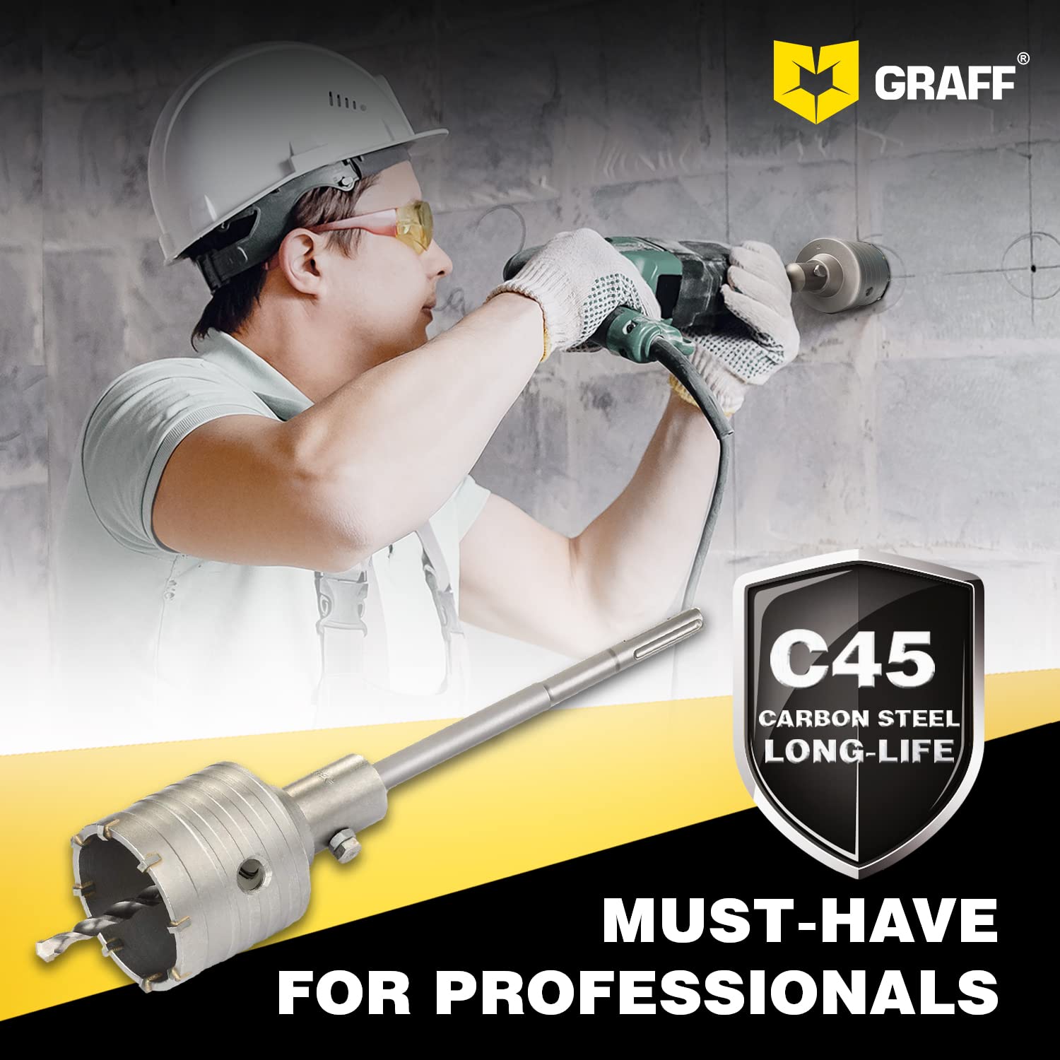 GRAFF 4 Inch SDS Max Rotary Hammer Core Bit - Core Drill Bit for Concrete, Masonry, Cement, Silicate Brick - Concrete Hole Saw with SDS Max Shank 20'' (500mm) and Center Drill