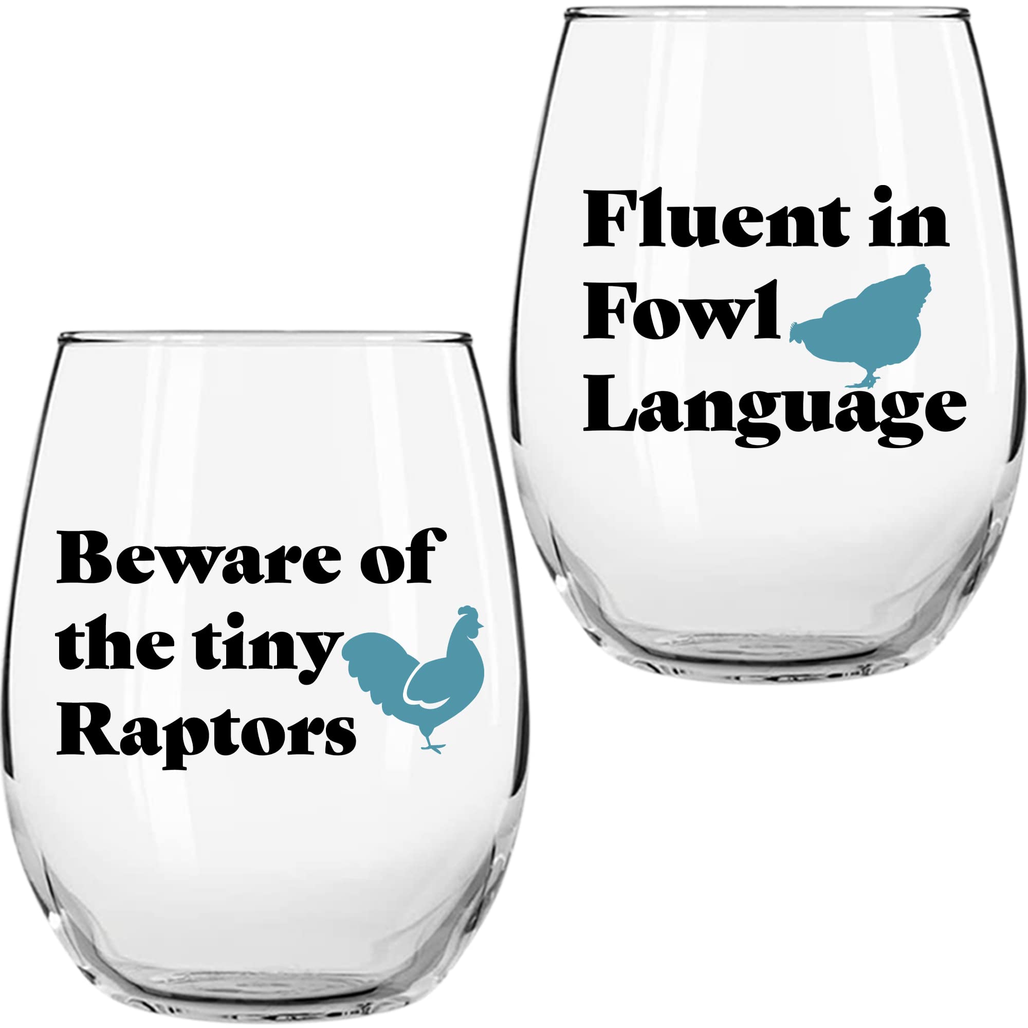 Funny Chicken Gifts for Chicken Lovers - âBeware of the Tiny Raptorsâ âFluent in Fowl Languageâ 17Oz 2PC Stemless Wine Glass Set, Colored - Funny Chicken Glasses - Chicken Gifts for Women