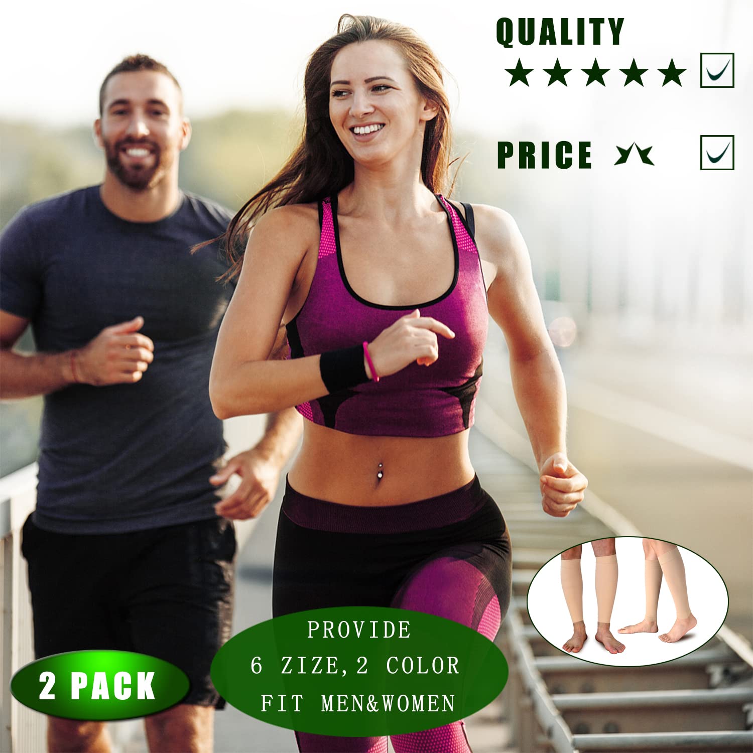 ELEVEDIR 2 Pairs Women/Men Compression Sleeve Socks 20-30mmHg Support,Best Circulation for Prevent Varicose Veins Pain Swelling,Comfort Beige-XXL