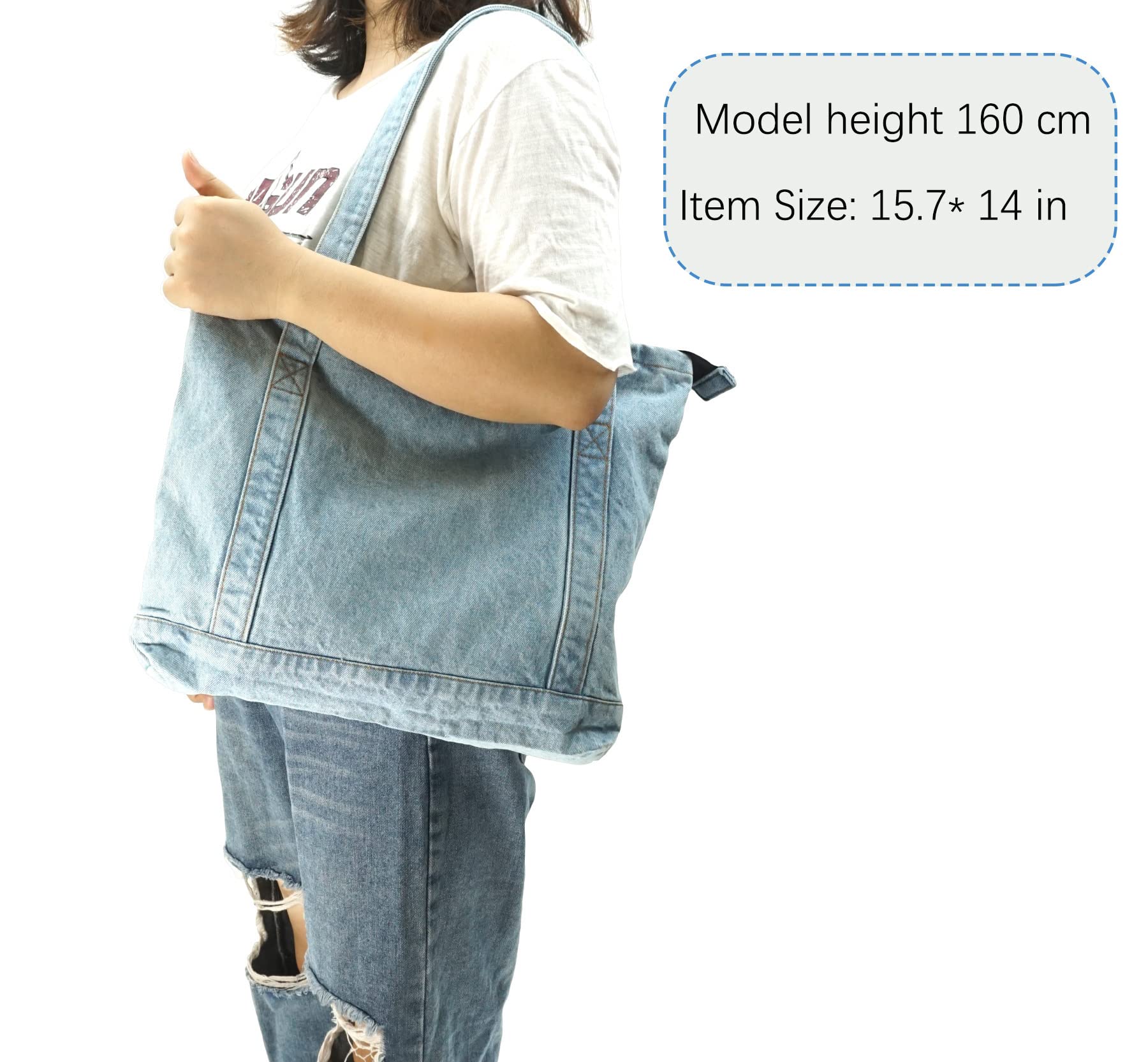 YunZh Denim Tote Bag Casual Style Lightweight Classic Retro Travel Shopper Shoulder Handbag