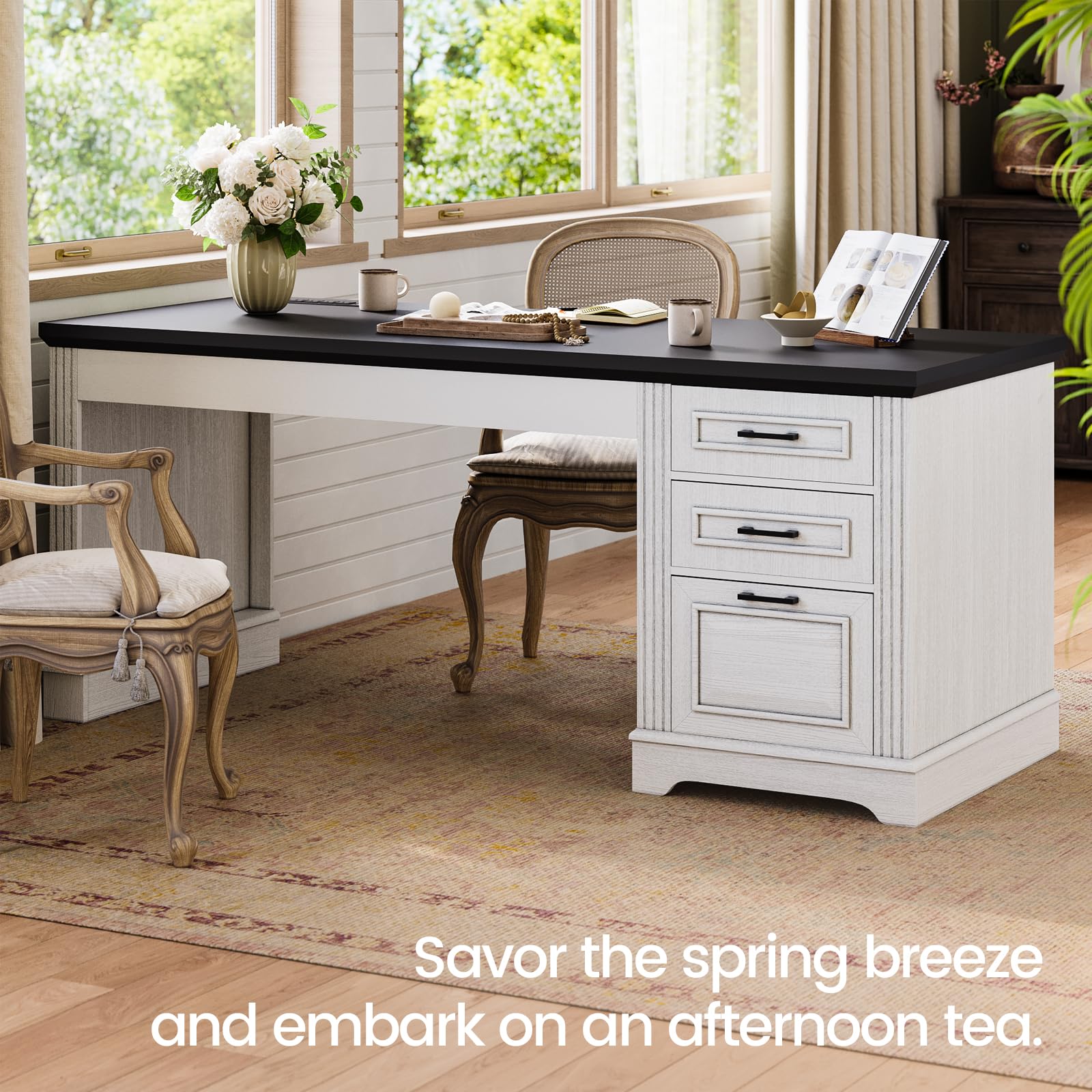 Itaar Farmhouse 55" Executive Desk, Computer Desk with Storage Drawers and Power Outlet, Home Office Desk, Workstation for Office Home, White