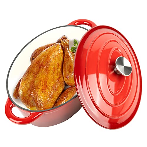 Kerilyn 4.5 QT Enameled Oval Dutch Oven Pot with Lid and Dual Handles, Cast Iron Dutch Oven for Cooking, Bread Baking, Non-stick Enamel Coated Cookware (Red)