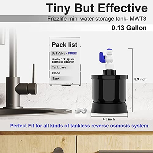 Frizzlife MWT3 Pressure Mini Water Tank for PD400, PD500, PD600, PX500, PX500-A, 0.13 Gallon Small Pressuized Storage Water Tank for Tankless Reverse Osmosis System G2, P600,G3, with 1/4" Ball Valve