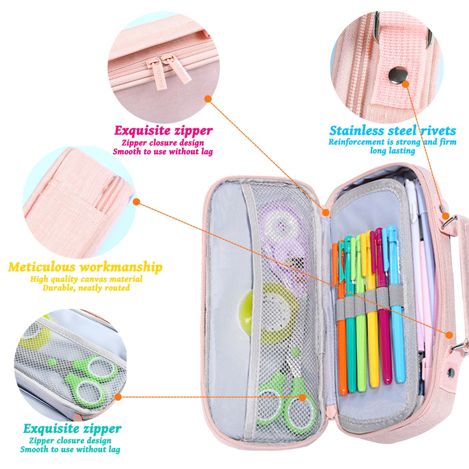 HANXIUCAO Pencil Case Canvas Pen Pencil Pouch Large Capacity Organizer Multifunctional Pencil Bag with Zipper Compartments (Black-A)