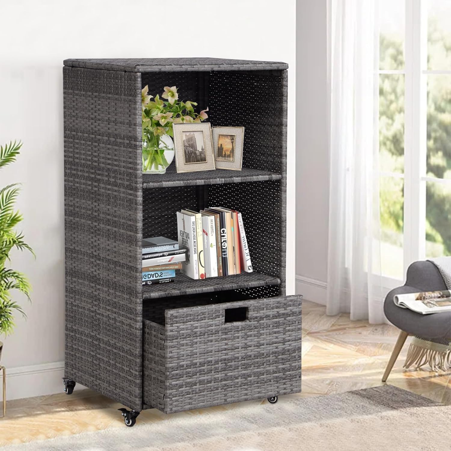 Kinpaw Pool Towel Rack Outdoor Storage Cabinet - 49” High Pool Towel Rack with with Storage Shelves & Drawer & Caters, Patio Wicker Towel Holder for Pool Area Outside, Hot Tub, Spa, Gray