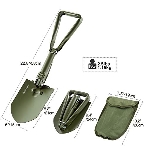 REDCAMP Military Folding Camping Shovel,High Carbon Steel Entrenching Tool Tri-fold Handle Shovel with Cover,Green 2.5lbs