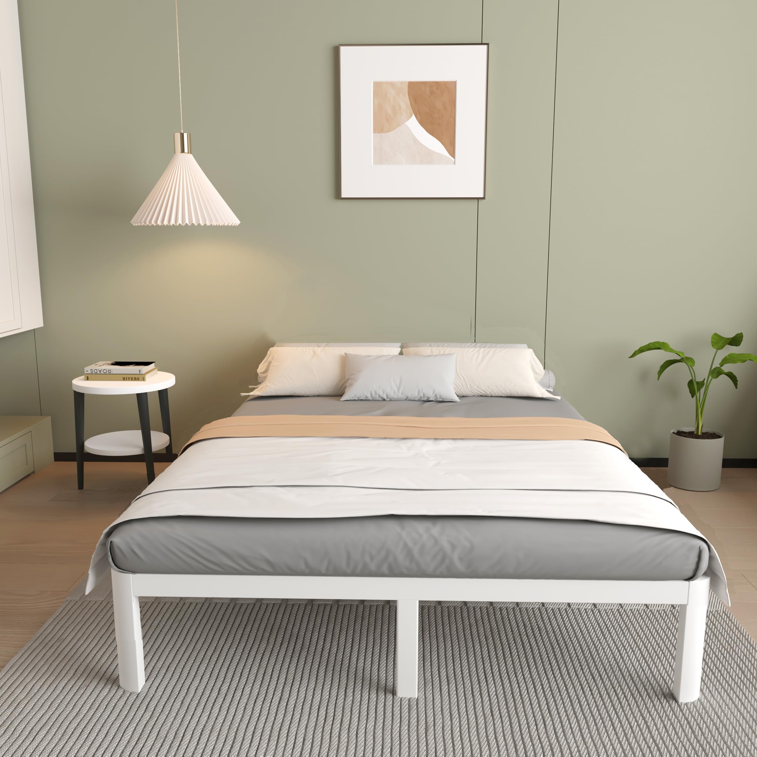 ITIMIDI 16 Inch White Bed Frame Queen, Queen Size Metal Platform Bed Frames with Round Corner Legs, Heavy Duty Steel Support 3500 LBS, Storage Space, No Box Spring Needed, Noise Free, Easy Assembly