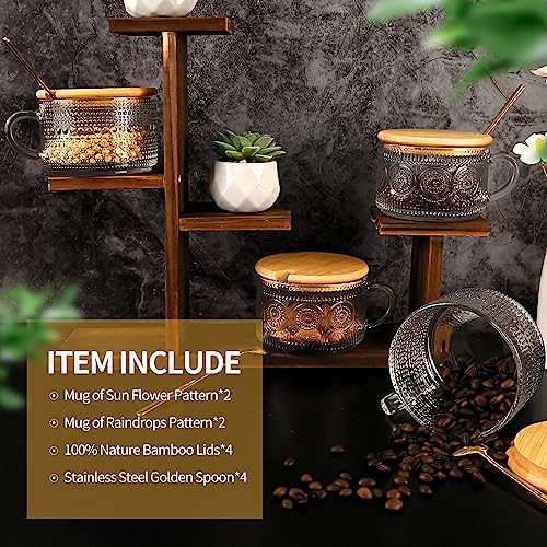 LUECMO Vintage Coffee Tea Cups [4 Pack], 14 oz Glass Tea Coffee Mugs, Clear Embossed Glass Cups for Cappuccino, Latte,Cereal, Yogurt, Beverage (2 sunflower + 2 raindrops)