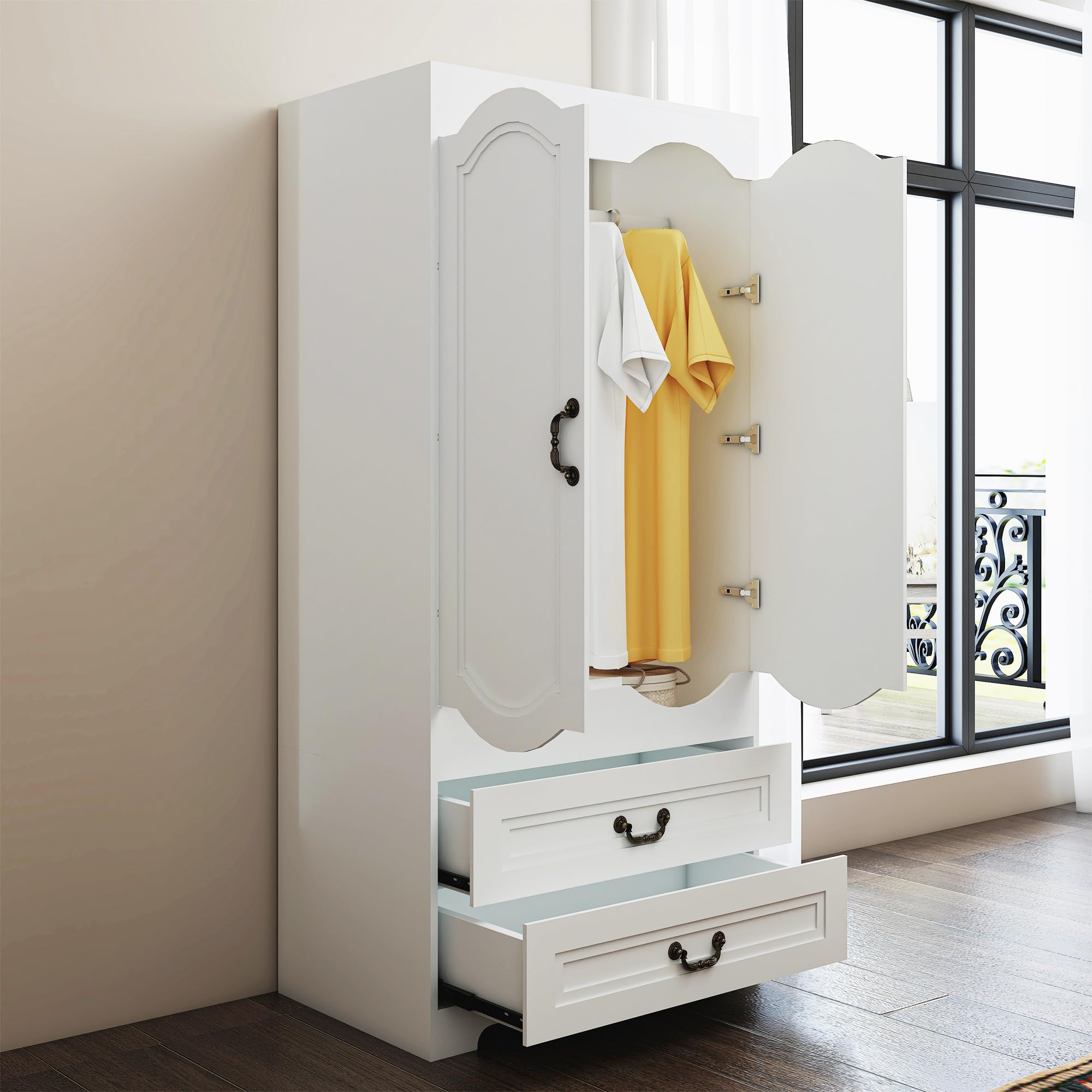 Janmer Home Armoire Wardrobe Closet with 2 Drawers, Tall Wooden Wardrobe Closet with 2 Doors and Hanging Rail, Free Standing White Armoire for Bedroom (Retro, White)