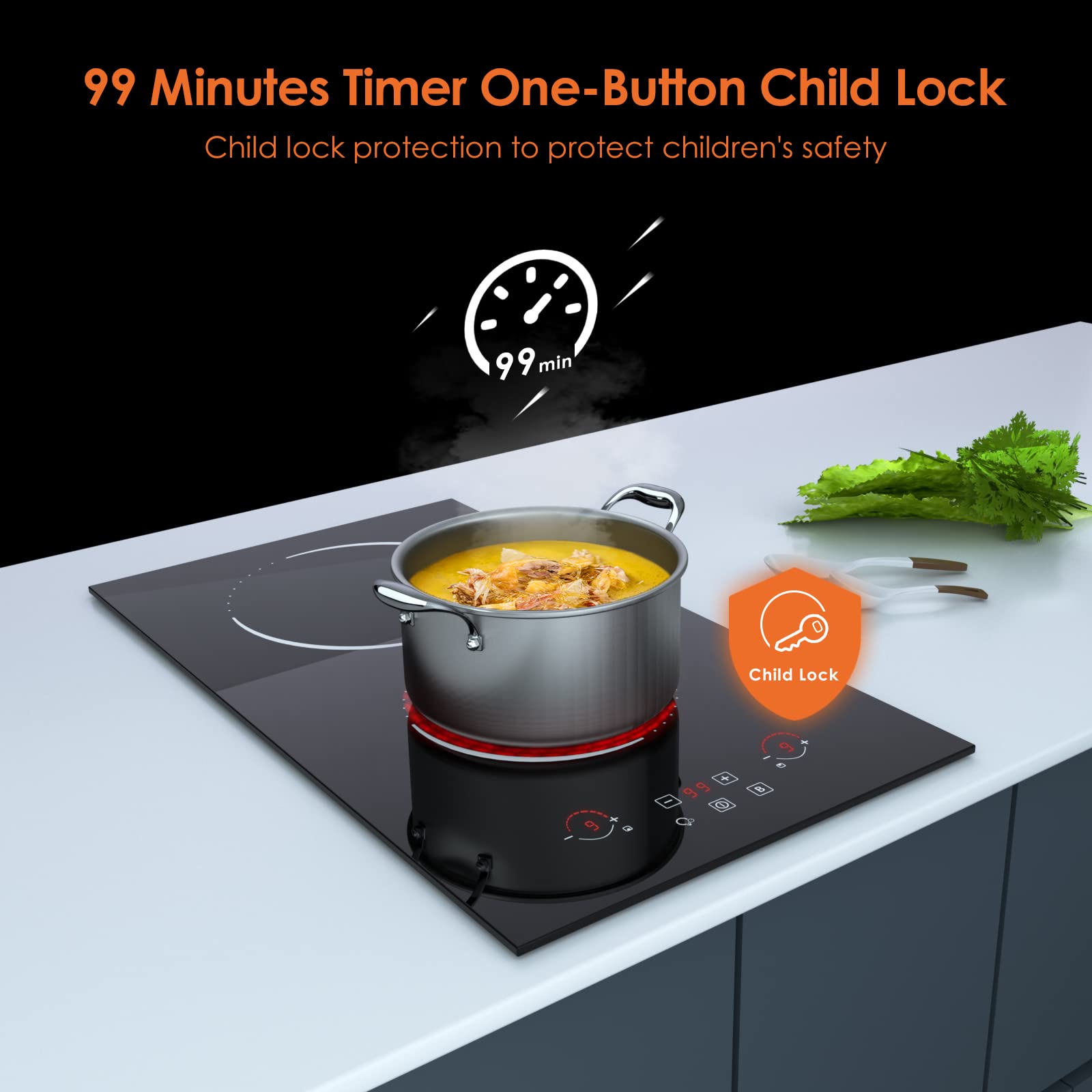 Davivy 2 Burner Electric Cooktop,12 Inch Electric Stove Top,3000W Drop In Electric Cooktop - 9 Heating Level,Timer&Child Safety Lock,Over Temperature Protection,Sensor Touch Control,220V~240V,No Plug