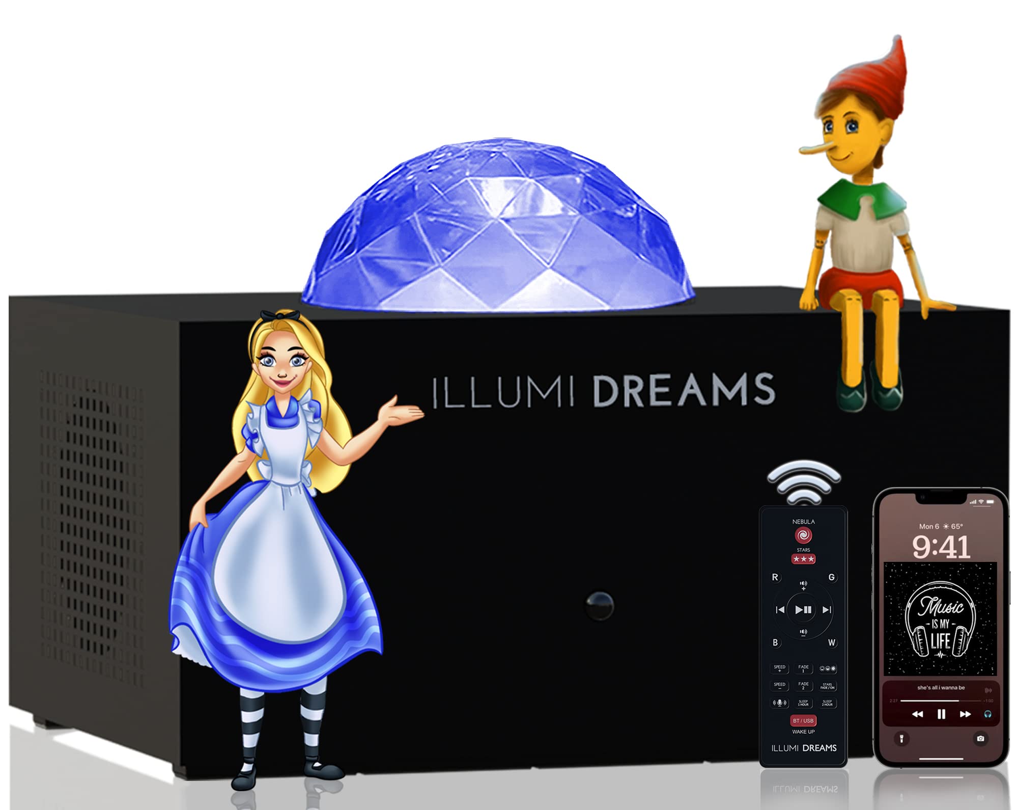 Illumi Dreams Star Projector, Galaxy Projector for Bedroom with Bedtime Stories, Ambient Sounds, & Classic Lullabies, Nursery Night Light for Kids & White Noise Bluetooth Speaker for Adults Children
