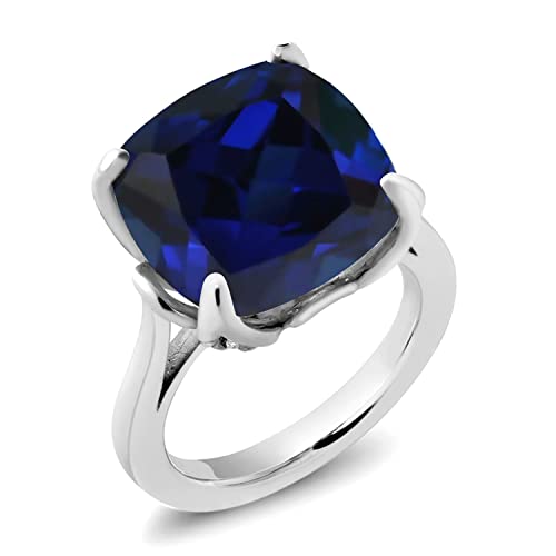 Gem Stone King 925 Sterling Silver Blue Created Sapphire and White Moissanite Women Ring (14.10 Cttw, Cushion 14MM, Available In Size 5, 6, 7, 8, 9)