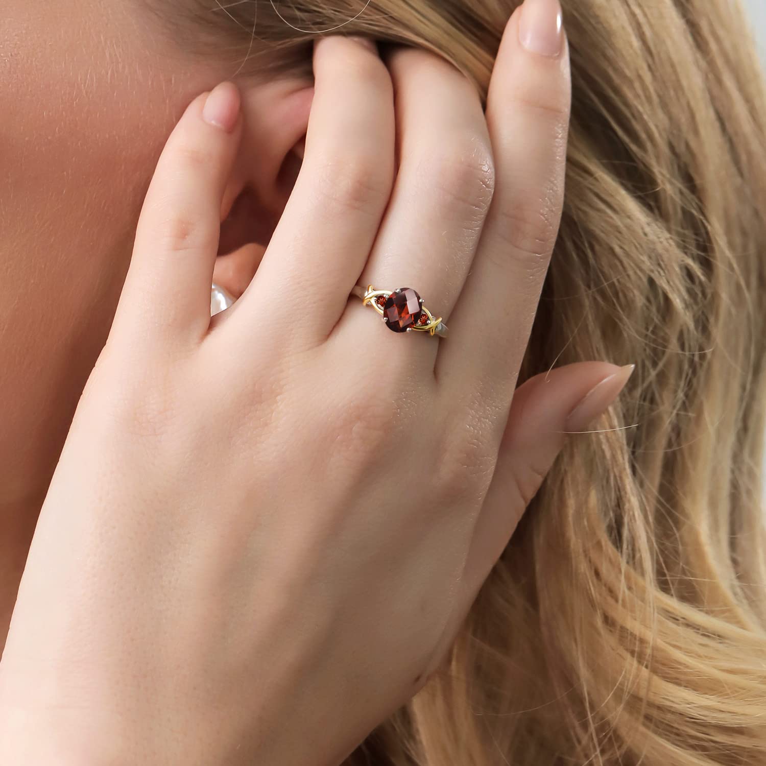 Gem Stone King 925 Silver and 10K Yellow Gold Oval Checkerboard Red Garnet Ring For Women (1.63 Cttw, Gemstone Birthstone, Available In Size 5, 6, 7, 8, 9)