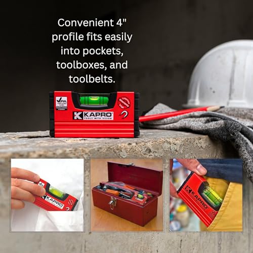 Kapro - 246 Handy Pocket Level - Magnetic - Features VPA Certified & Shock-Resistant Vial - with Rubber End Caps - Pocket-Sized and Compact - Aluminum Box Profile - 4β