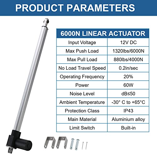 JQDML 32 Inch 32" Long Stroke Linear Actuator 12V 1320lbs/6000N Heavy Duty Speed 0.2"/sec Electric Actuator with Mounting Brackets for Massage Bed, Table Lift, Window Opener,Door Opener