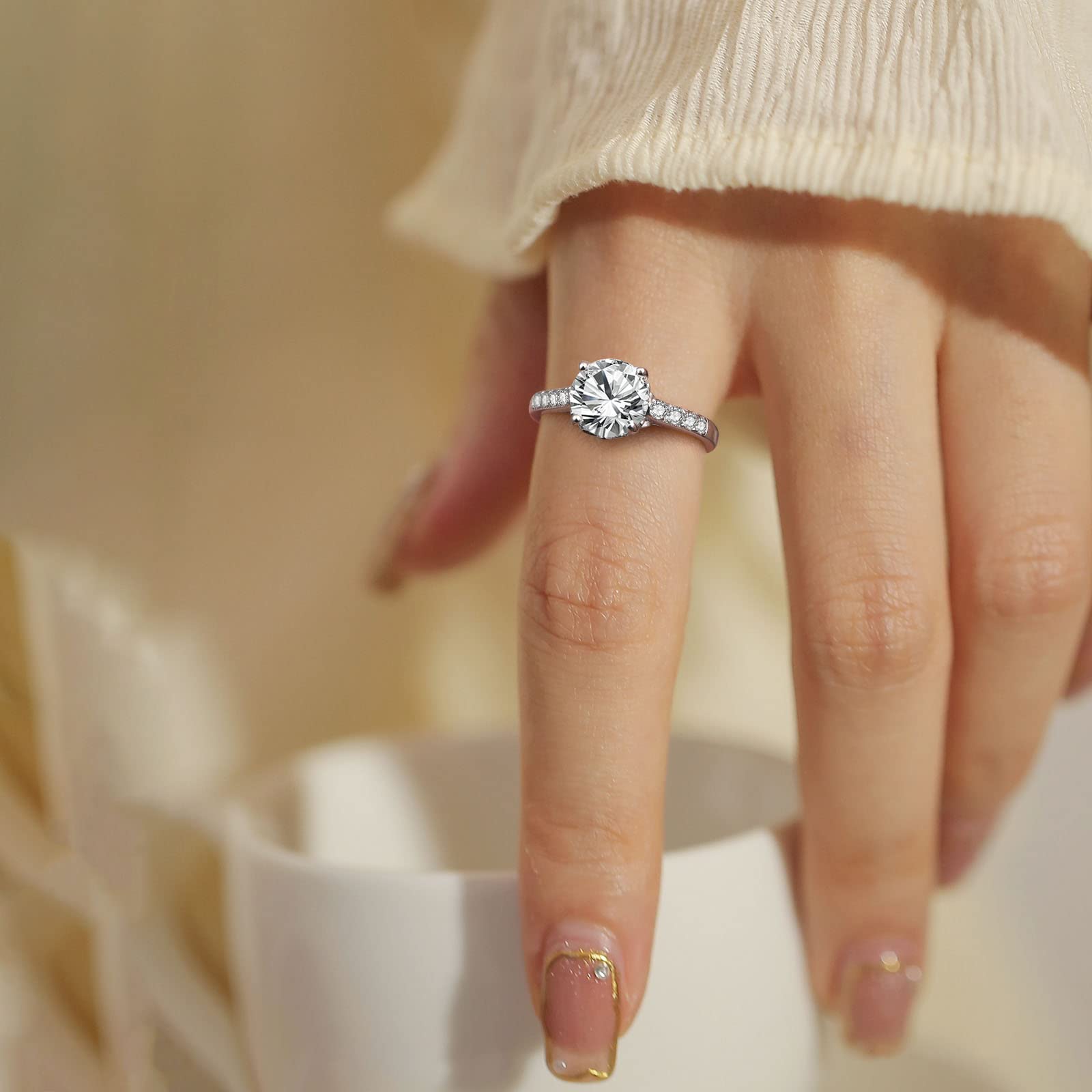 DALARAN 925 Sterling Silver Round Solitaire Cubic Zirconia Engagement Ring Halo Promise Ring Size 6