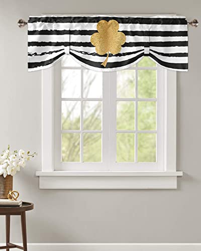 St Patrick's Gold Lucky Clover Leaves Tie Up Valance Curtain for Kitchen-Small Window Shade Valances Adjustable Rod Pocket Windows Treatment for Bathroom Black and White Stripes Line,1 Panel 42x18in