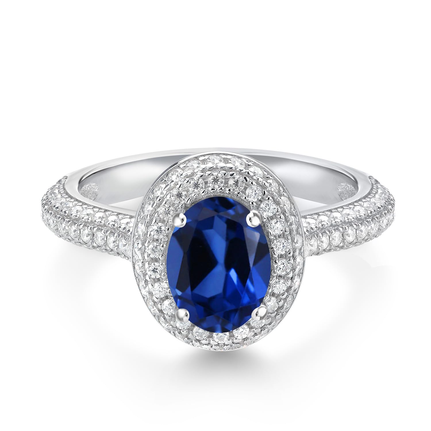 Gem Stone King 925 Sterling Silver Oval Blue Created Sapphire and White Moissanite Engagement Ring For Women (2.24 Cttw, Available In Size 5, 6, 7, 8, 9)