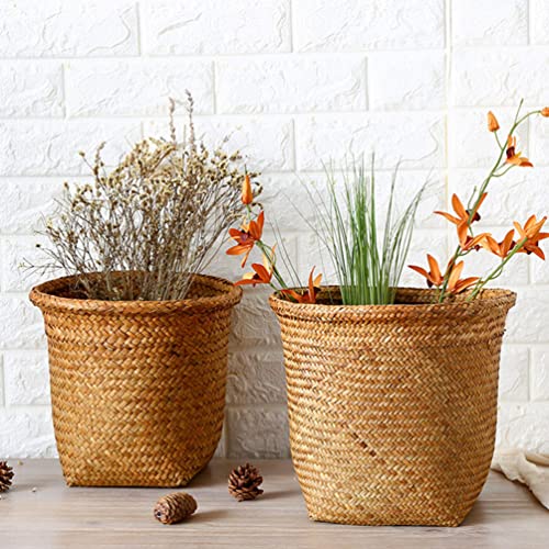 Ipetboom Office Decor Woven Rattan Trash Can Hand Woven Basket Planter Flower Pots Storage Container Farmhouse Round Trash Can Rattan Garbage Bin Wicker Laundry Basket Rustic Decor Desktop
