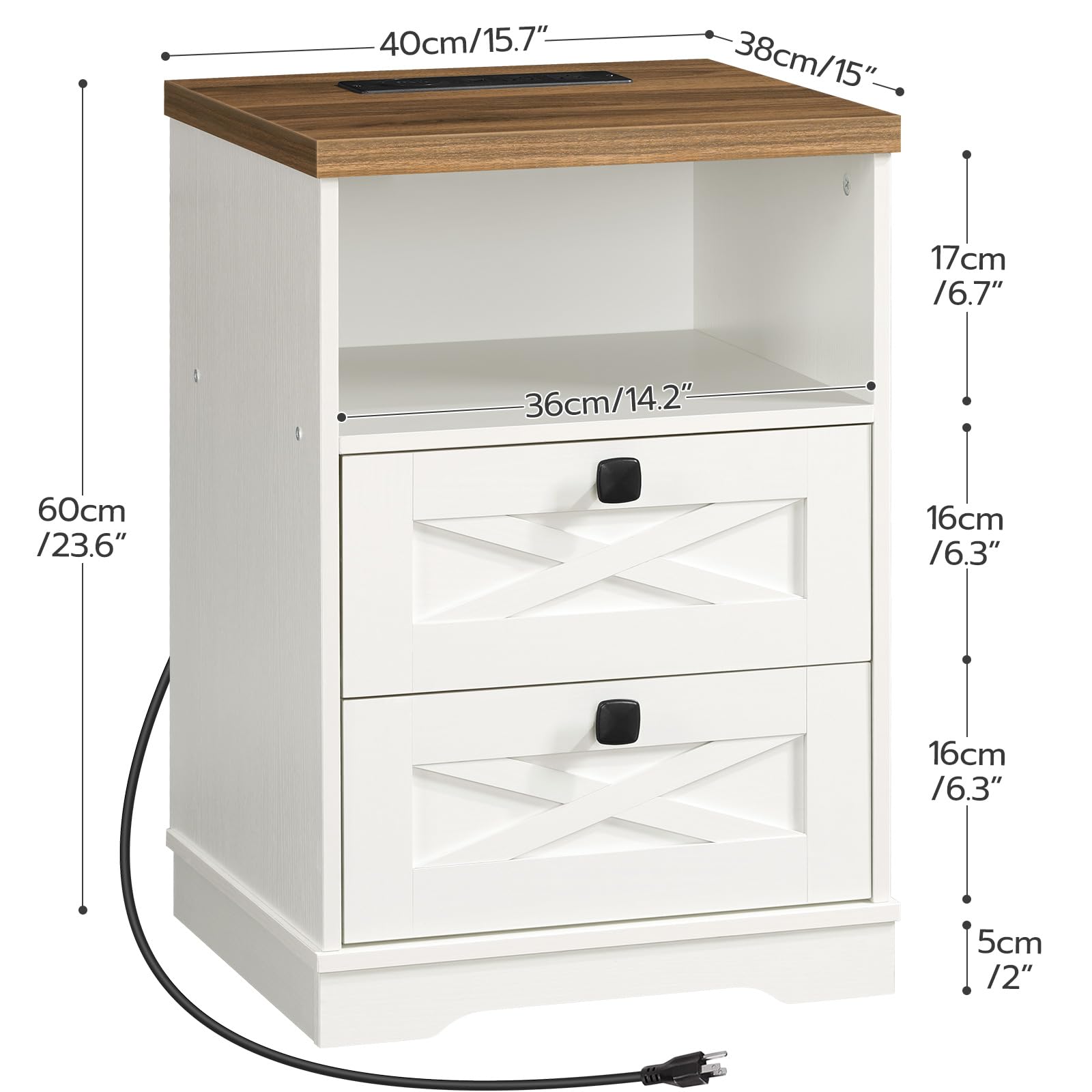 HOOBRO Nightstand with Wireless Charging Station and LED Lights, Farmhouse End Table with 2 Drawers and Open Shelf, Smart LED Side Table with Wireless and USB for Bedroom, Antique White WH140UDBZ01