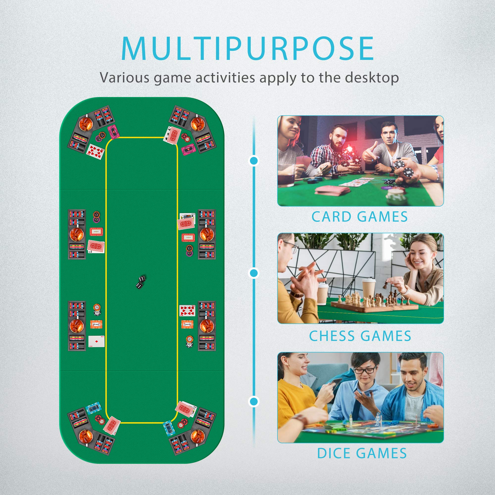VIVOHOME 79 x 36 Inch Foldable 8-Player Texas Poker Card Table top Layout Portable Anti-Slip Rubber Board Game Mat with Cup Holders and Carrying Bag Green