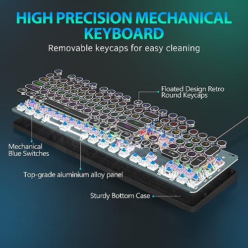 Typewriter Mechanical Gaming Keyboard Mouse Combo, Metal Panel Retro Keyboard with Round Keycap Blue Switch, RGB Backlit 104 Keys Anti-Ghost Wired Keyboard and Mouse with 3 DPI for PC Laptop Mac Gamer