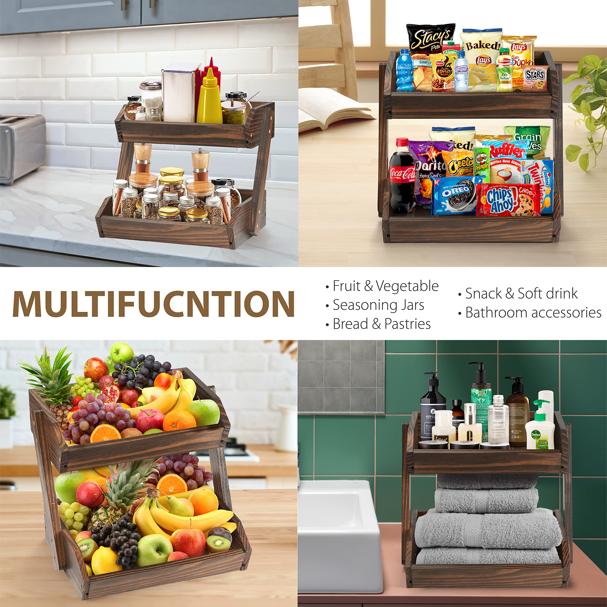 NAGAWOOD Large Capacity 2-Tier Wooden Fruit Basket, Durable Acacia Wood, 10.5" Tall, Spacious for Produce, Vegetables, Bread Storage and Home Kitchen Countertop