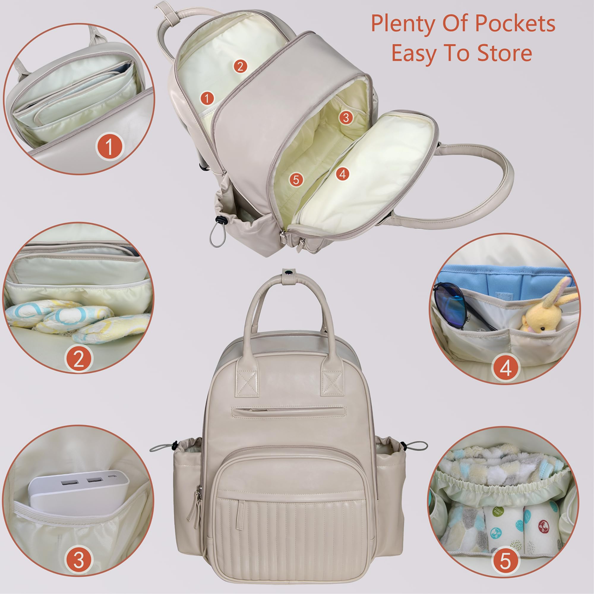 Hap Tim Diaper Bag Backpack, Leather Baby Diaper Bag with Changing Pad,19 Pockets, 2 Clear Makeup Bags, 2 Stroller Clips, Baby Registry Search, Cream White(K2252-CM)