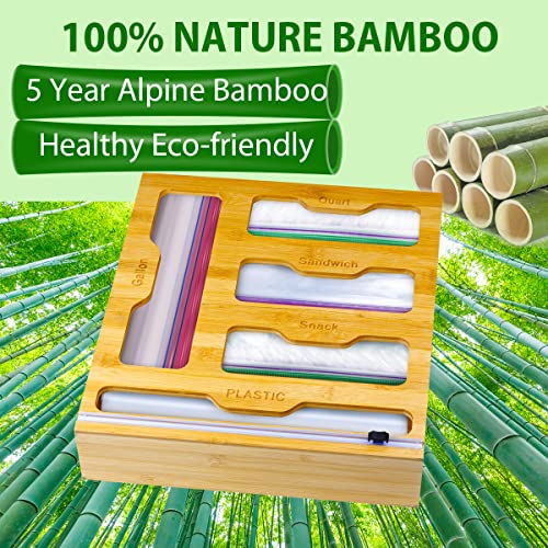 Plastic Bag Organizer for Kitchen Drawer, Bamboo Baggie Organizer and Wrap Dispenser with Cutter, Bag storage organizer Compatible with Gallon Quart Sandwich Solimo Glad Snack Variety Size Bag