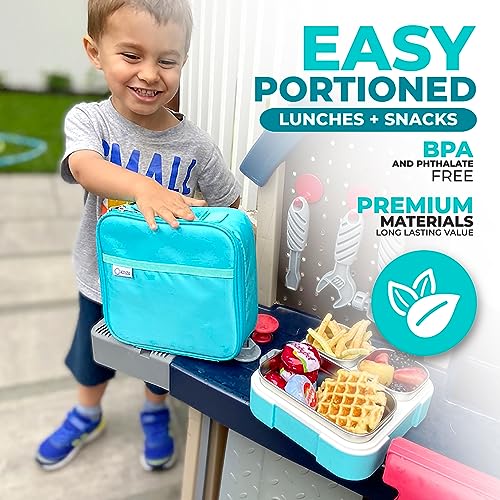 Stainless Steel Lunch Box for Kids Toddler Bento-Box Lunch-Box for Daycare, 3 Compartment Portion Control Containers with Tray for Lunches Snacks - School Travel, 24 oz Teal Blue with Bag Utensil