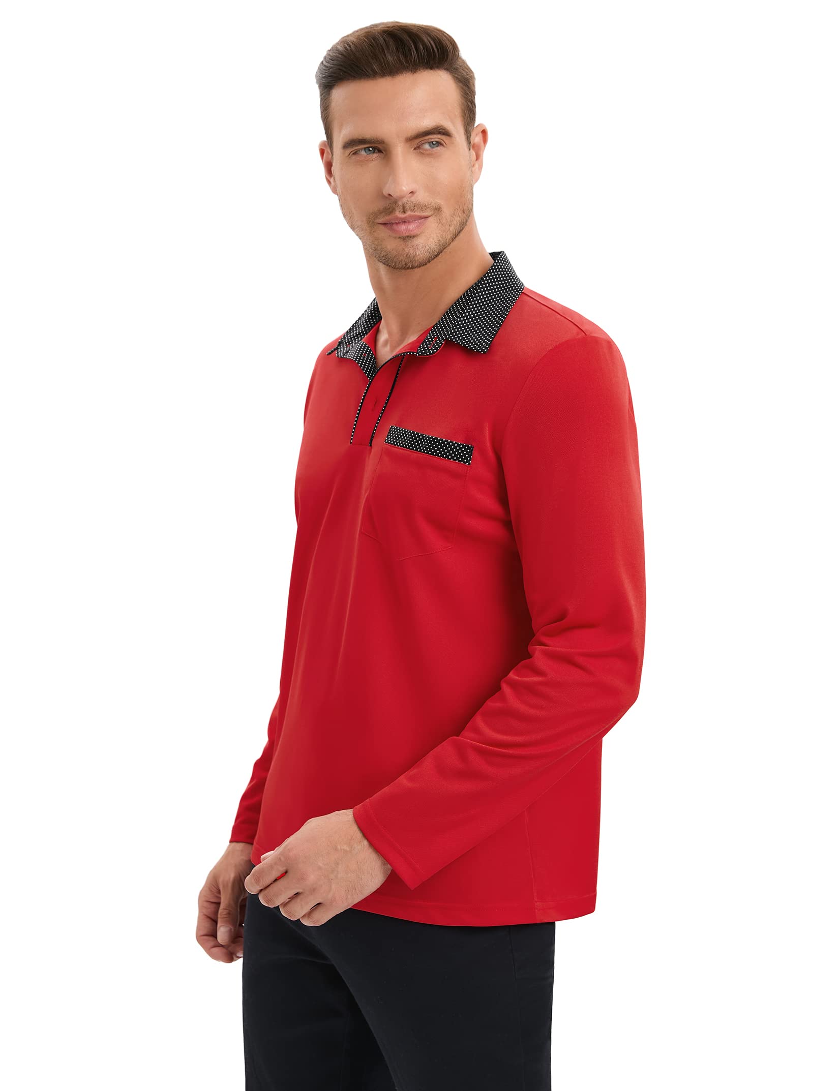 EliteSpirit Mens Long Sleeve Polo Shirts Casual Polka Dot Collared Golf Shirt with Pockets Wine Red S