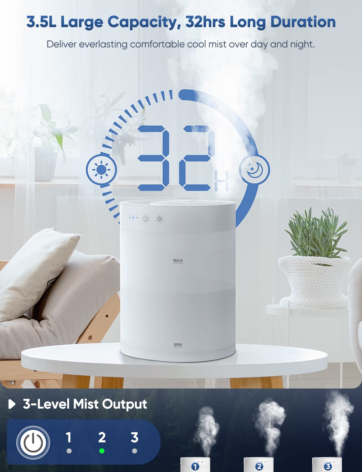 Xburan Cool Mist Humidifiers for Bedroom, 3.5L Top-Fill Air Humidifier & Essential Oil Diffuser with Ambient Light, 3 Mist Levels, Quiet Operation, 32-Hour Duration, Humidifiers for Large Room Baby Plants,White