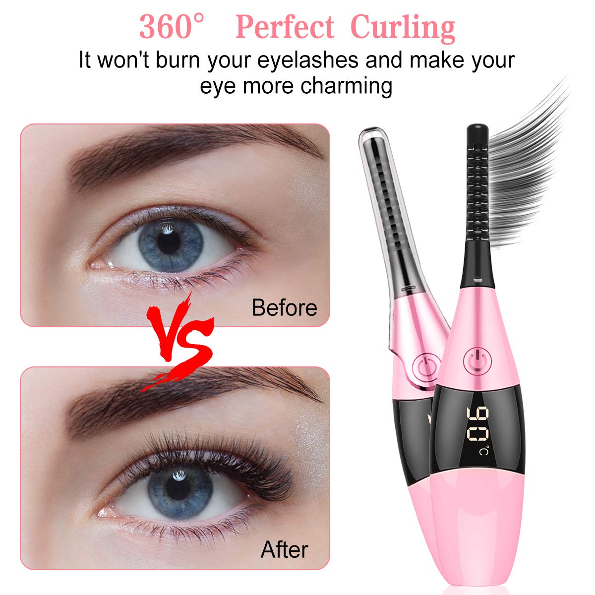 Heated Eyelash Curler, Portable USB Rechargeable, 4 Temperature Adjustable with LED Digital Display, Quick and Convenient Makeup and Beauty Eyelash Styling Tool