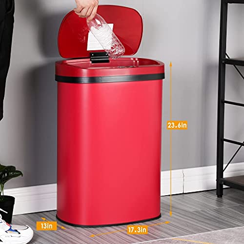 HHS Trash Can Garbage Can Stainless Steel 13 Gallon Trash Can with Lid Touchless Metal Kitchen Trash can Wastebasket for Bathroom, Bedroom, Kitchen and Office (5 Liter) Red…