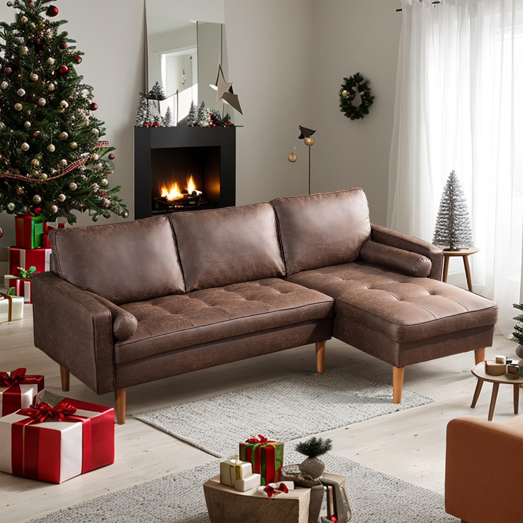 HOOOWOOO 83" Small L Shaped Sofa Couch,Mid Century Modern Tufted Sofa with Right Chaise for Small Living Room Apartment Office,Brown Faux Suede