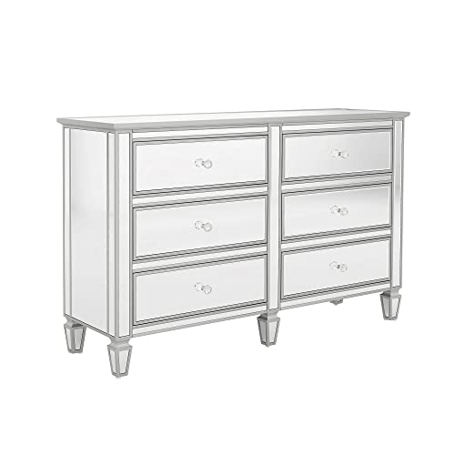 SOFTSEA Modern 6 Drawer Mirrored Dresser, Glass Dresser & Chest of Drawers for Bedroom, Silver Finished Storage Cabinet with Crystal Knobs, Easy Assembly