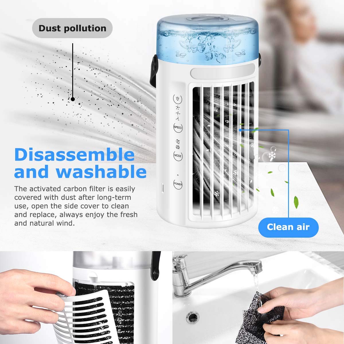 VOSAREA Portable Air Cooler 4 in 1 Mini Air Conditioner Fan Air Cooling Fan Air Misting Cooler for Room Office