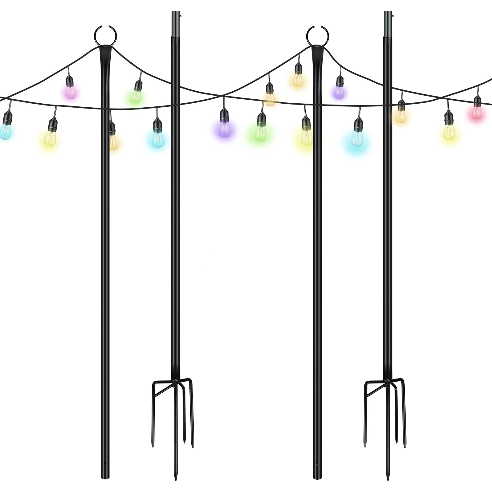 Xflism Outdoor 9FT Metal Poles with Hooks for Hanging String Lights 2 Pack - Garden, Backyard, Patio Lighting Stand for Parties, Wedding, Black