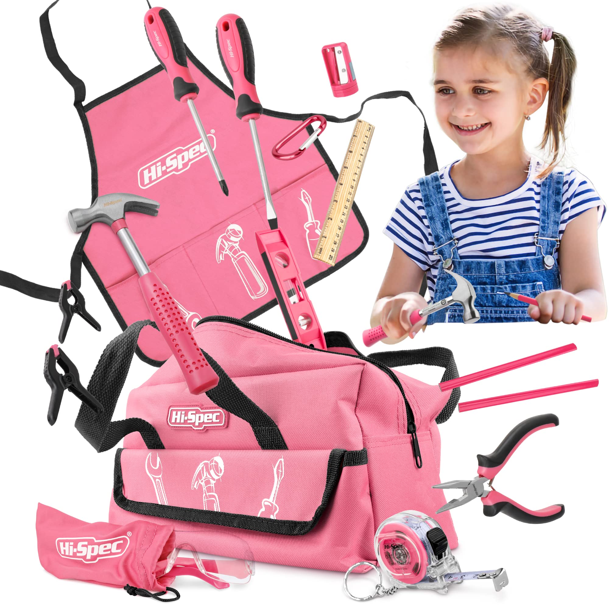 Hi-Spec 18pc Pink Kids Tool Kit Set & Child Size Tool Bag. Real Metal Hand Tools for DIY Building, Woodwork & Construction